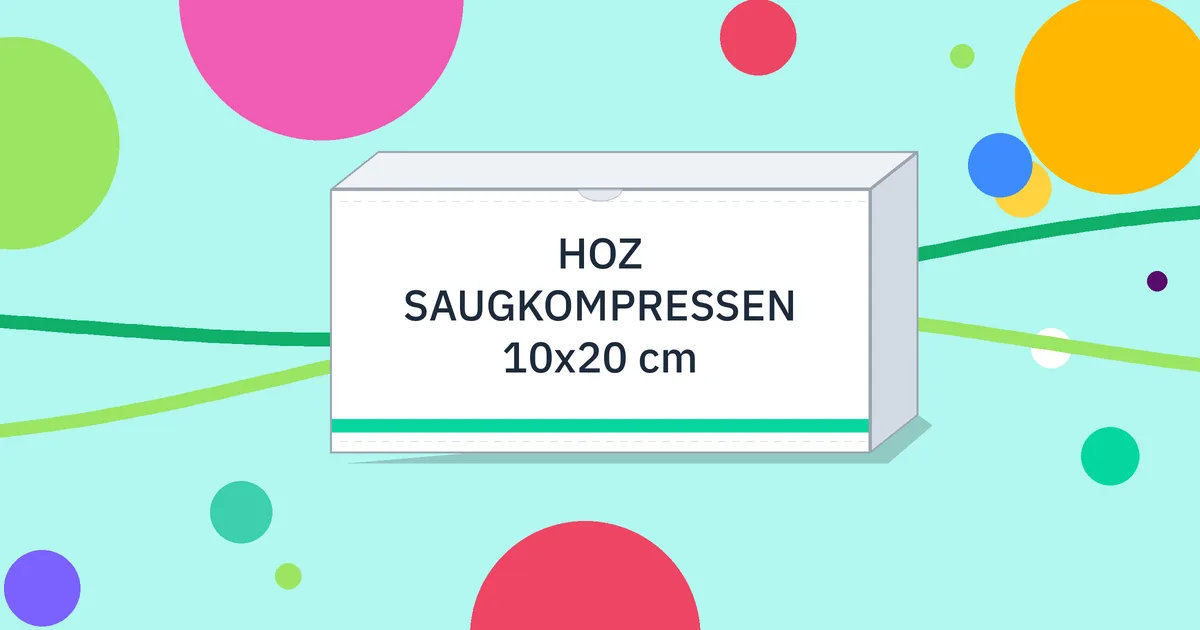 Symbolbild: Packung mit der Aufschrift HOZ SAUGKOMPRESSEN 10x20 cm (PZN 12425153) – Verfügbarkeit und Bezug in Apotheken in Frankfurt am Main