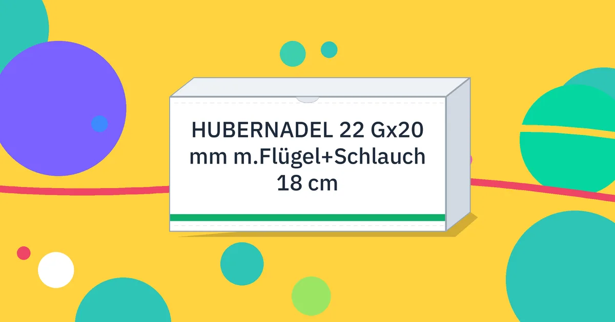 Symbolbild: Packung mit der Aufschrift HUBERNADEL 22 Gx20 mm m.Flügel+Schlauch 18 cm (PZN 02350253) – Verfügbarkeit und Bezug in Apotheken in Frankfurt am Main