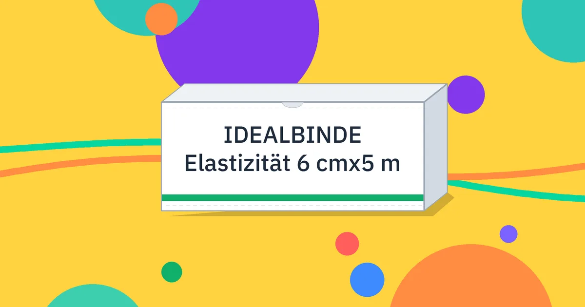 Symbolbild: Packung mit der Aufschrift IDEALBINDE Elastizität 6 cmx5 m (PZN 08443398) – Verfügbarkeit und Bezug in Apotheken in Frankfurt am Main