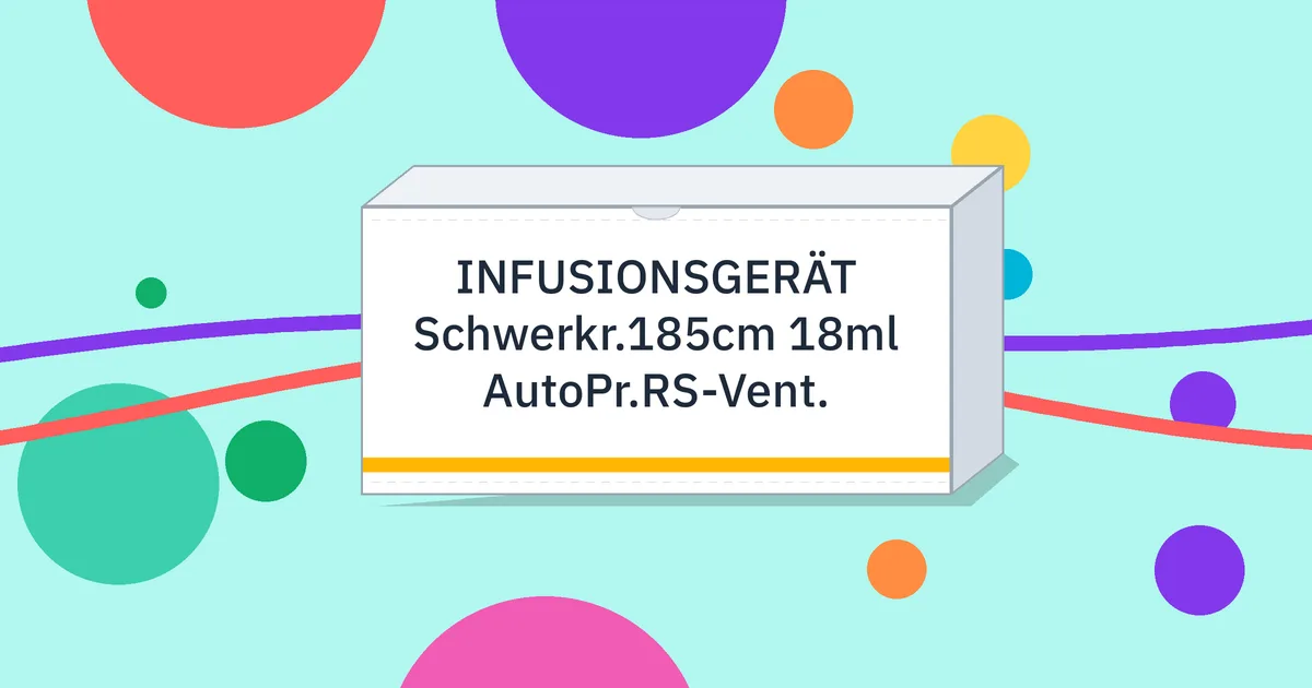 Symbolbild: Packung mit der Aufschrift INFUSIONSGERÄT Schwerkr.185cm 18ml AutoPr.RS-Vent. (PZN 18469298) – Verfügbarkeit und Bezug in Apotheken in Frankfurt am Main