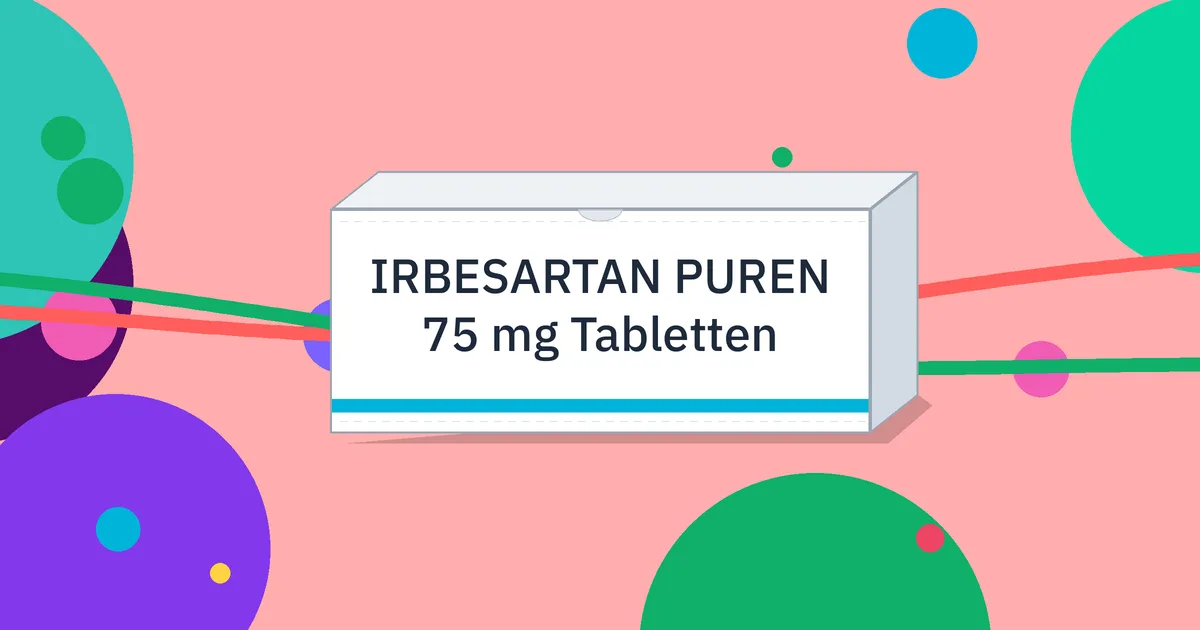 Symbolbild: Packung mit der Aufschrift IRBESARTAN PUREN 75 mg Tabletten (PZN 12893629) – Verfügbarkeit und Bezug in Apotheken in Frankfurt am Main