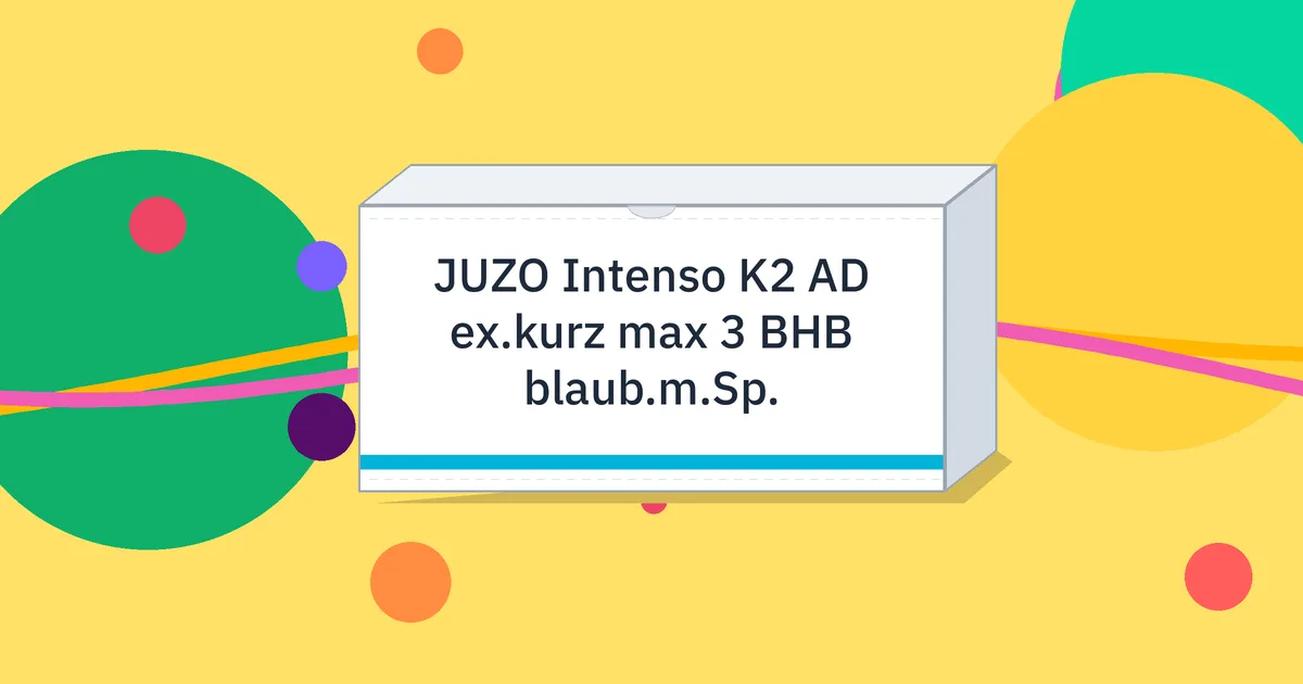Symbolbild: Packung mit der Aufschrift JUZO Intenso K2 AD ex.kurz max 3 BHB blaub.m.Sp. (PZN 18613967) – Verfügbarkeit und Bezug in Apotheken in Frankfurt am Main