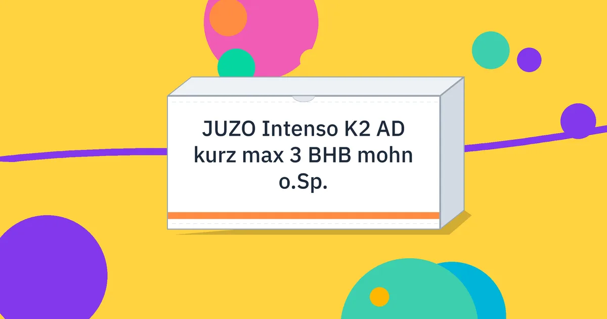 Symbolbild: Packung mit der Aufschrift JUZO Intenso K2 AD kurz max 3 BHB mohn o.Sp. (PZN 18626415) – Verfügbarkeit und Bezug in Apotheken in Frankfurt am Main