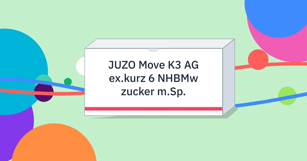 Symbolbild: Packung mit der Aufschrift JUZO Move K3 AG ex.kurz 6 NHBMw zucker m.Sp. (PZN 18582824) – Verfügbarkeit und Bezug in Apotheken in Frankfurt am Main