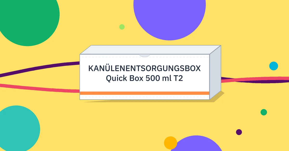 Symbolbild: Packung mit der Aufschrift KANÜLENENTSORGUNGSBOX Quick Box 500 ml T2 (PZN 09618486) – Verfügbarkeit und Bezug in Apotheken in Frankfurt am Main