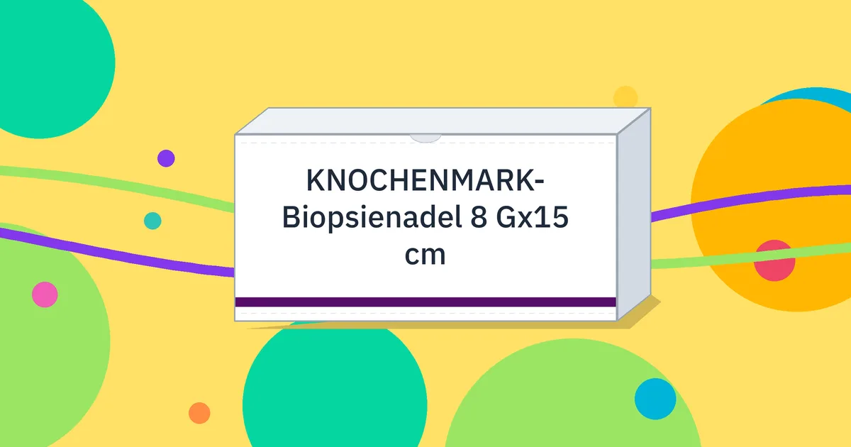 Symbolbild: Packung mit der Aufschrift KNOCHENMARK-Biopsienadel 8 Gx15 cm (PZN 20019757) – Verfügbarkeit und Bezug in Apotheken in Frankfurt am Main