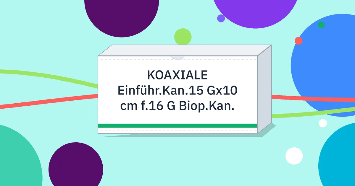 Symbolbild: Packung mit der Aufschrift KOAXIALE Einführ.Kan.15 Gx10 cm f.16 G Biop.Kan. (PZN 06903714) – Verfügbarkeit und Bezug in Apotheken in Frankfurt am Main