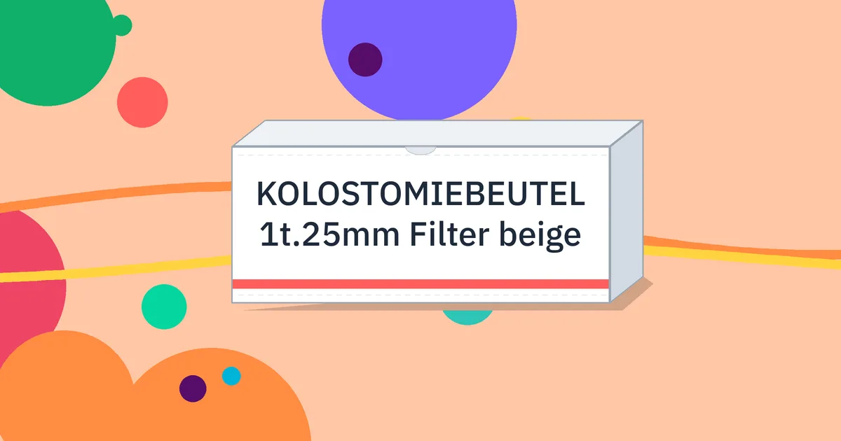 Symbolbild: Packung mit der Aufschrift KOLOSTOMIEBEUTEL 1t.25mm Filter beige (PZN 03831606) – Verfügbarkeit und Bezug in Apotheken in Frankfurt am Main