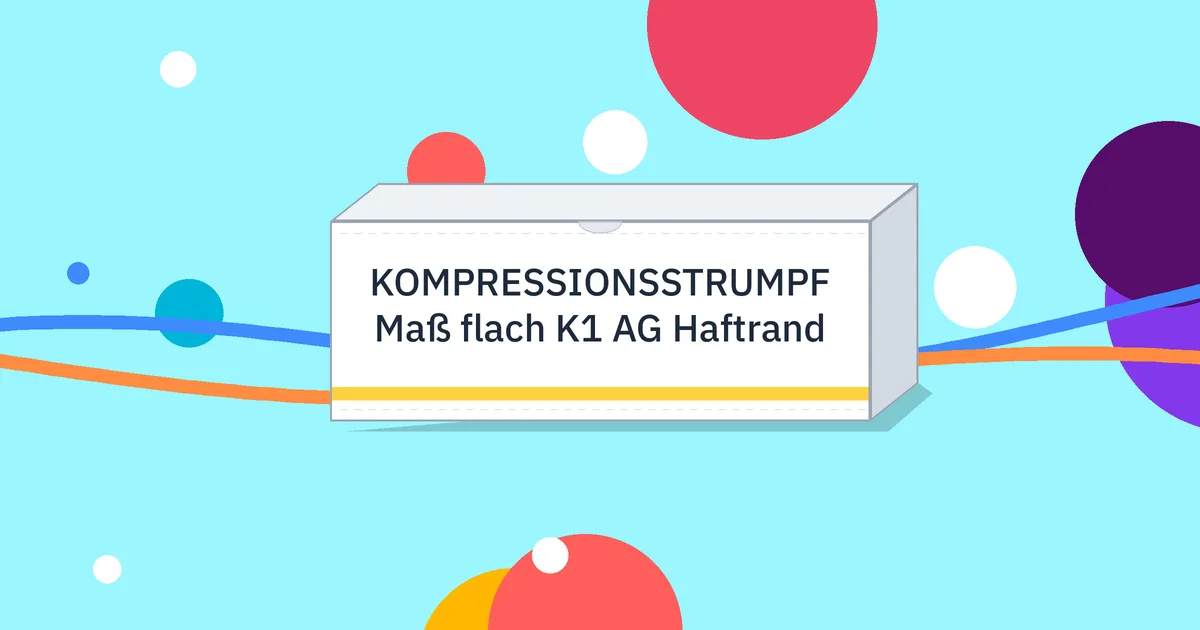 Symbolbild: Packung mit der Aufschrift KOMPRESSIONSSTRUMPF Maß flach K1 AG Haftrand (PZN 16745529) – Verfügbarkeit und Bezug in Apotheken in Frankfurt am Main