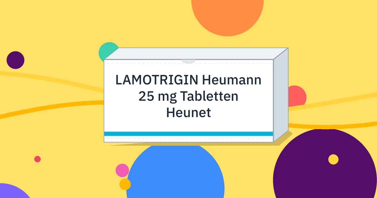 Symbolbild: Packung mit der Aufschrift LAMOTRIGIN Heumann 25 mg Tabletten Heunet (PZN 15303982) – Verfügbarkeit und Bezug in Apotheken in Frankfurt am Main