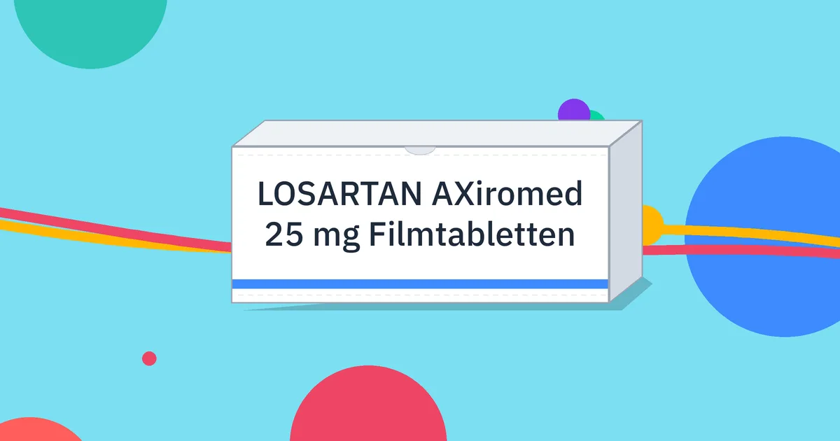 Symbolbild: Packung mit der Aufschrift LOSARTAN AXiromed 25 mg Filmtabletten (PZN 13817352) – Verfügbarkeit und Bezug in Apotheken in Frankfurt am Main