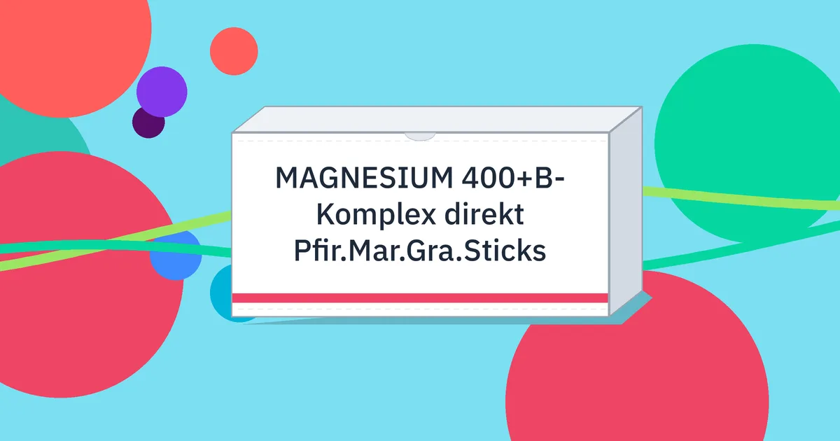 Symbolbild: Packung mit der Aufschrift MAGNESIUM 400+B-Komplex direkt Pfir.Mar.Gra.Sticks (PZN 18769327) – Verfügbarkeit und Bezug in Apotheken in Frankfurt am Main