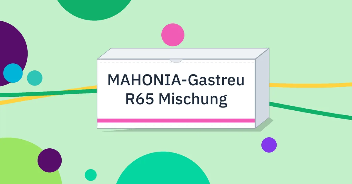 Symbolbild: Packung mit der Aufschrift MAHONIA-Gastreu R65 Mischung (PZN 04163377) – Verfügbarkeit und Bezug in Apotheken in Frankfurt am Main