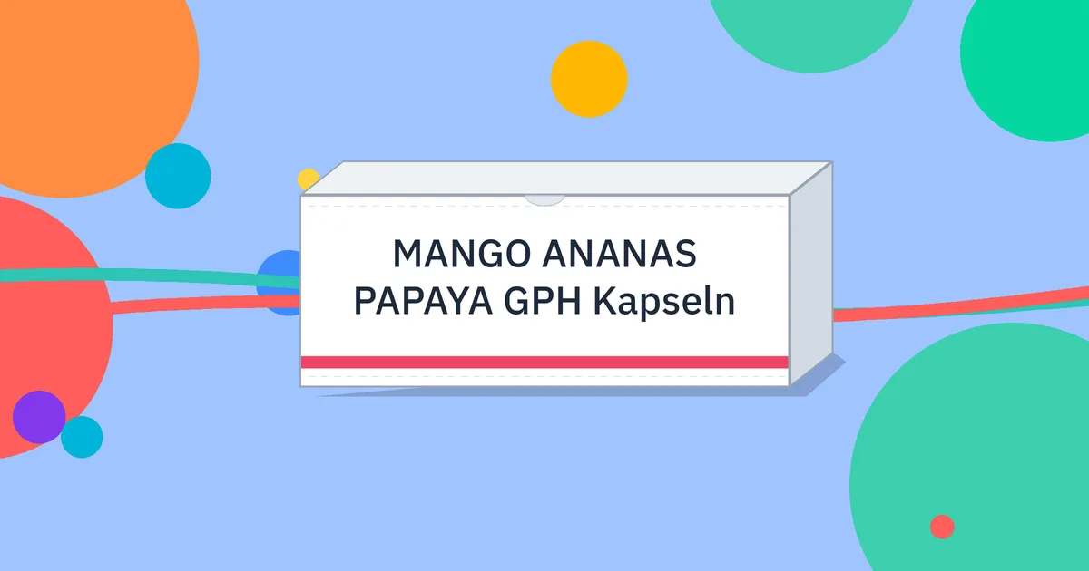 Symbolbild: Packung mit der Aufschrift MANGO ANANAS PAPAYA GPH Kapseln (PZN 03446179) – Verfügbarkeit und Bezug in Apotheken in Frankfurt am Main