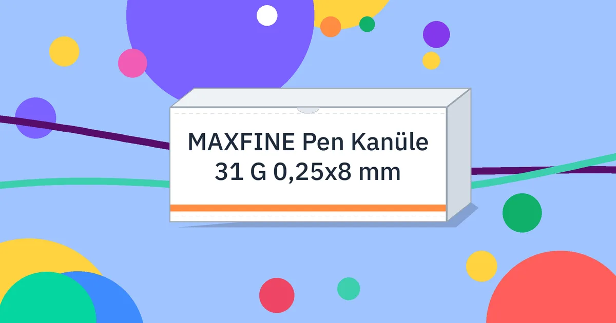 Symbolbild: Packung mit der Aufschrift MAXFINE Pen Kanüle 31 G 0,25x8 mm (PZN 08844281) – Verfügbarkeit und Bezug in Apotheken in Frankfurt am Main