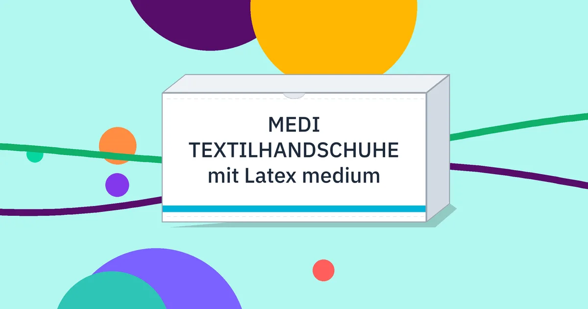 Symbolbild: Packung mit der Aufschrift MEDI TEXTILHANDSCHUHE mit Latex medium (PZN 15301084) – Verfügbarkeit und Bezug in Apotheken in Frankfurt am Main