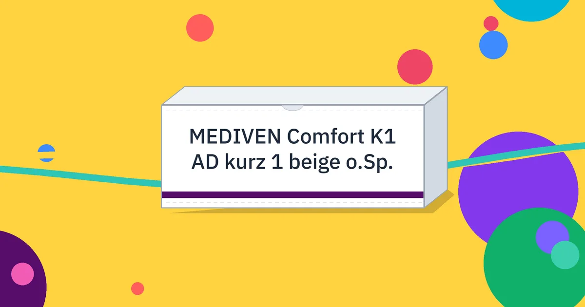Symbolbild: Packung mit der Aufschrift MEDIVEN Comfort K1 AD kurz 1 beige o.Sp. (PZN 14563184) – Verfügbarkeit und Bezug in Apotheken in Frankfurt am Main