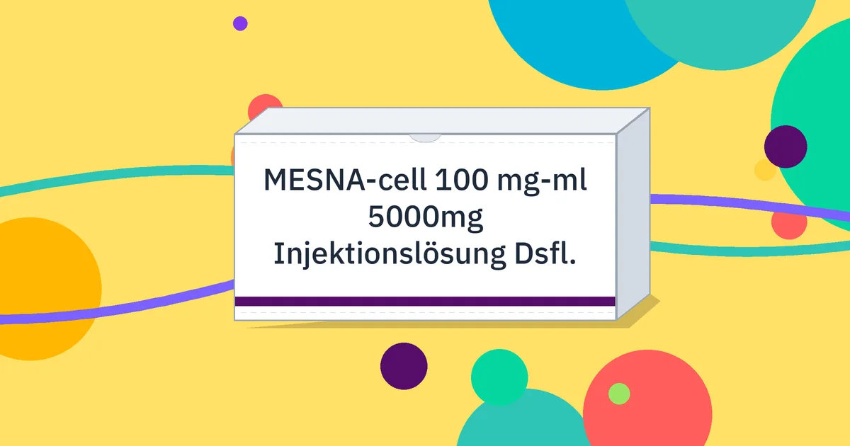 Symbolbild: Packung mit der Aufschrift MESNA-cell 100 mg-ml 5000mg Injektionslösung Dsfl. (PZN 03194772) – Verfügbarkeit und Bezug in Apotheken in Frankfurt am Main