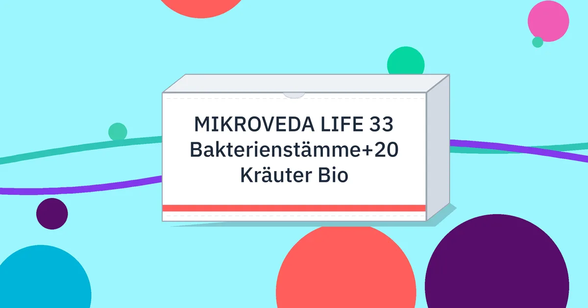 Symbolbild: Packung mit der Aufschrift MIKROVEDA LIFE 33 Bakterienstämme+20 Kräuter Bio (PZN 19400535) – Verfügbarkeit und Bezug in Apotheken in Frankfurt am Main