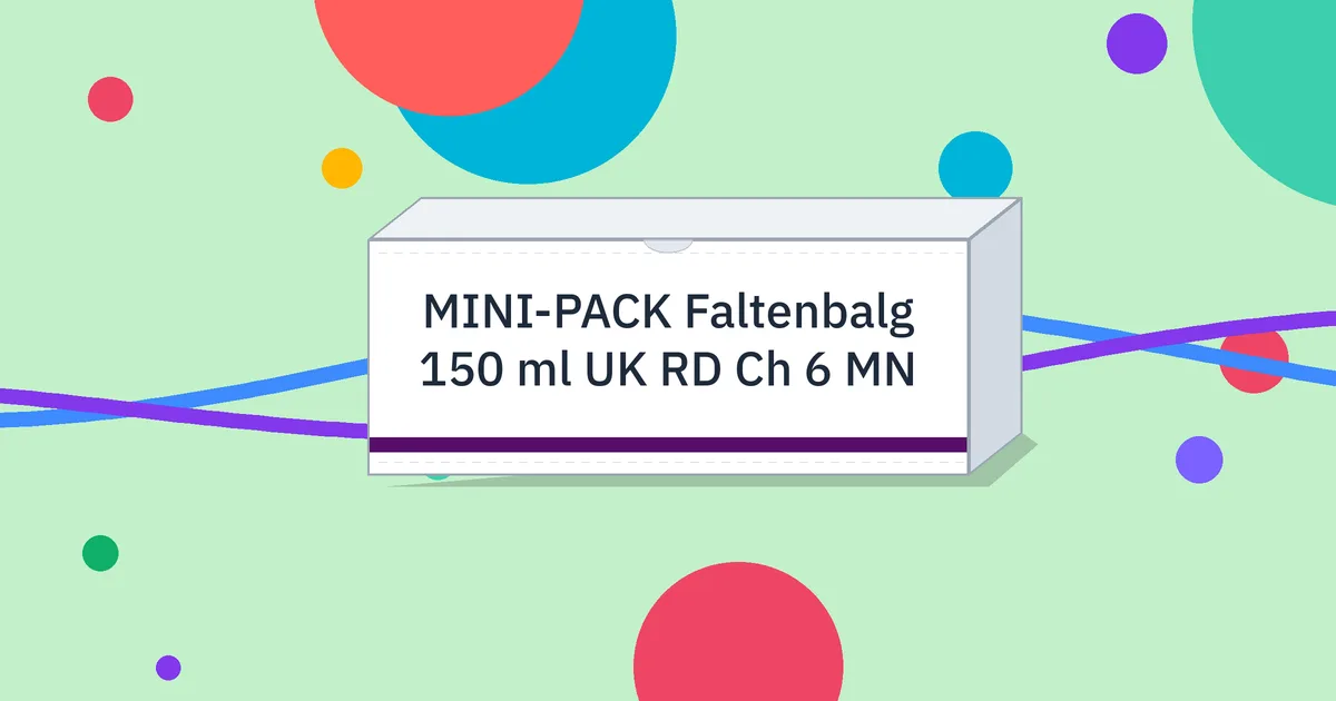 Symbolbild: Packung mit der Aufschrift MINI-PACK Faltenbalg 150 ml UK RD Ch 6 MN (PZN 17486099) – Verfügbarkeit und Bezug in Apotheken in Frankfurt am Main