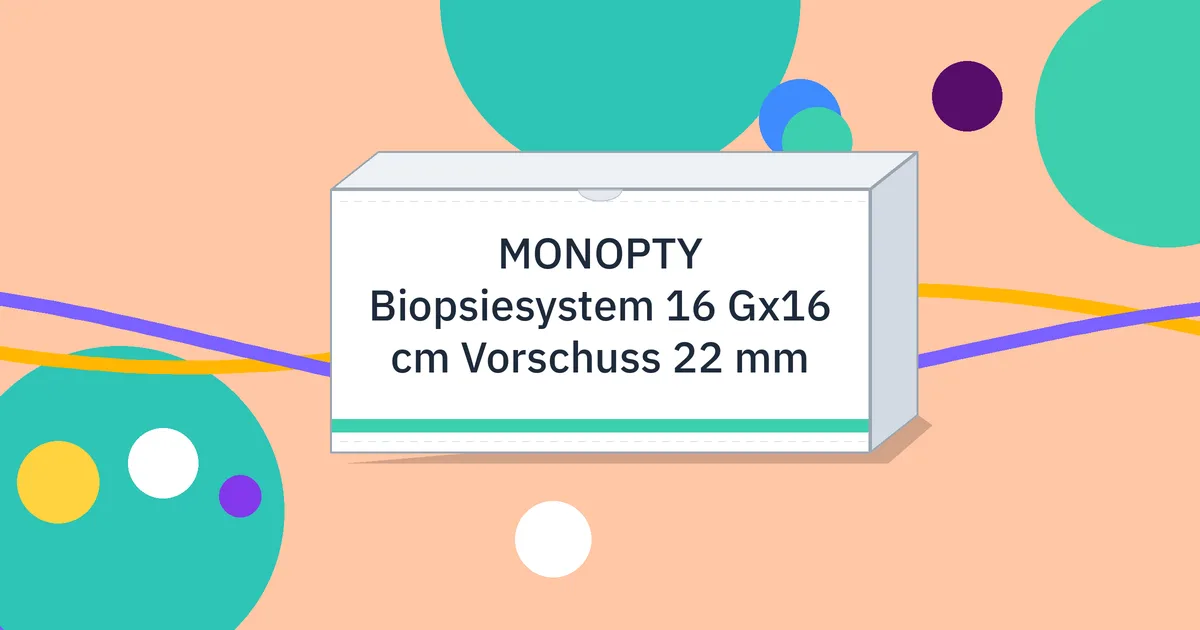 Symbolbild: Packung mit der Aufschrift MONOPTY Biopsiesystem 16 Gx16 cm Vorschuss 22 mm (PZN 03469720) – Verfügbarkeit und Bezug in Apotheken in Frankfurt am Main