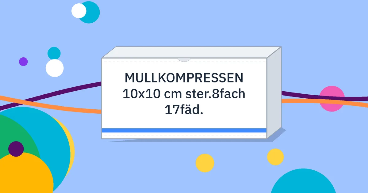 Symbolbild: Packung mit der Aufschrift MULLKOMPRESSEN 10x10 cm ster.8fach 17fäd. (PZN 06929412) – Verfügbarkeit und Bezug in Apotheken in Frankfurt am Main