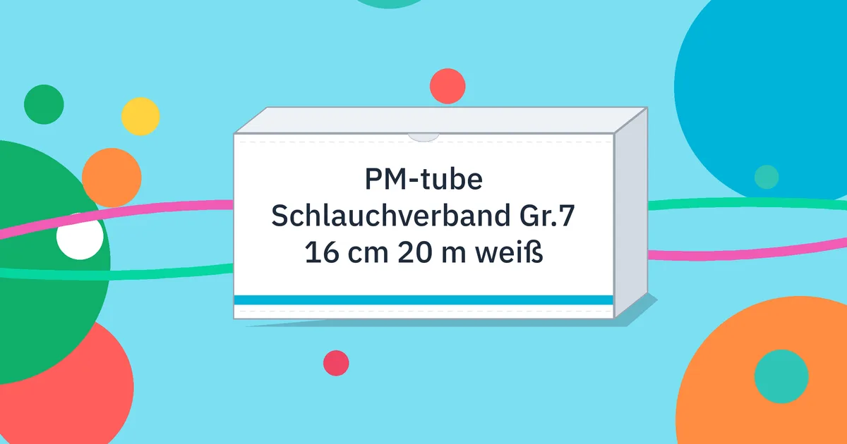 Symbolbild: Packung mit der Aufschrift PM-tube Schlauchverband Gr.7 16 cm 20 m weiß (PZN 18845850) – Verfügbarkeit und Bezug in Apotheken in Frankfurt am Main