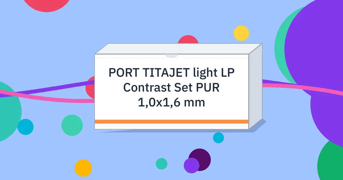 Symbolbild: Packung mit der Aufschrift PORT TITAJET light LP Contrast Set PUR 1,0x1,6 mm (PZN 07789456) – Verfügbarkeit und Bezug in Apotheken in Frankfurt am Main