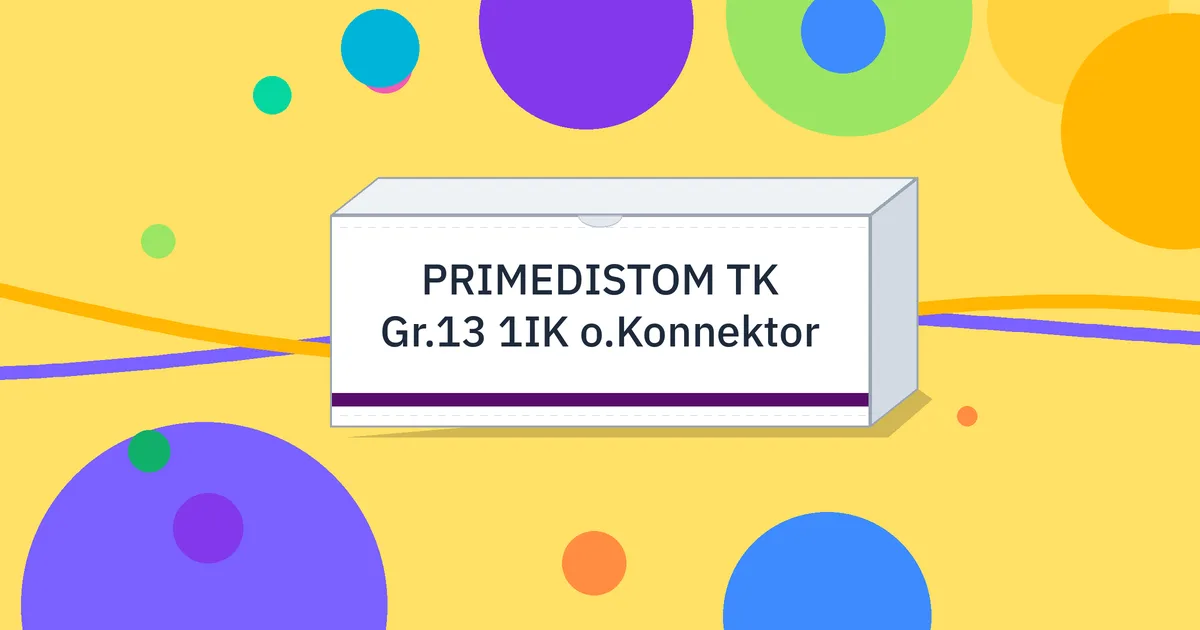 Symbolbild: Packung mit der Aufschrift PRIMEDISTOM TK Gr.13 1IK o.Konnektor (PZN 10316543) – Verfügbarkeit und Bezug in Apotheken in Frankfurt am Main