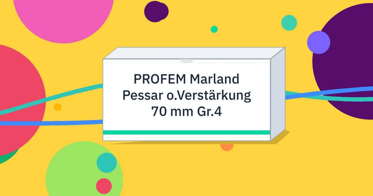 Symbolbild: Packung mit der Aufschrift PROFEM Marland Pessar o.Verstärkung 70 mm Gr.4 (PZN 11671915) – Verfügbarkeit und Bezug in Apotheken in Frankfurt am Main
