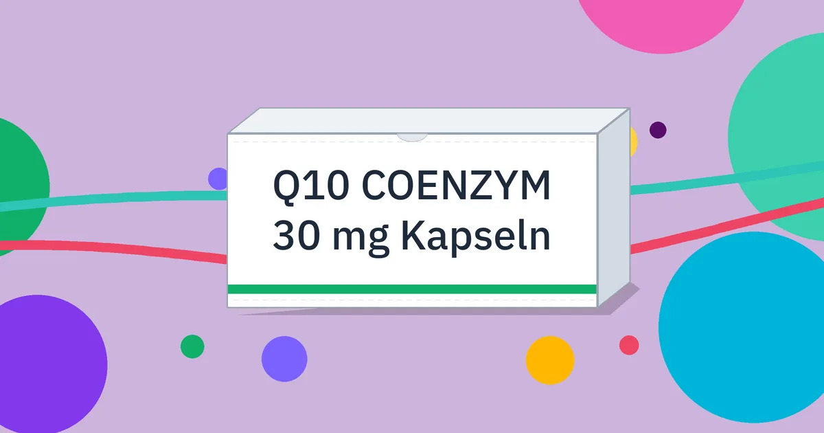 Symbolbild: Packung mit der Aufschrift Q10 COENZYM 30 mg Kapseln (PZN 10309655) – Verfügbarkeit und Bezug in Apotheken in Frankfurt am Main