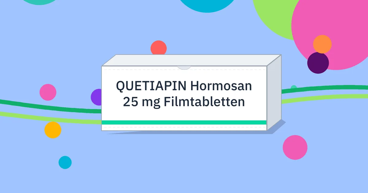 Symbolbild: Packung mit der Aufschrift QUETIAPIN Hormosan 25 mg Filmtabletten (PZN 09294517) – Verfügbarkeit und Bezug in Apotheken in Frankfurt am Main