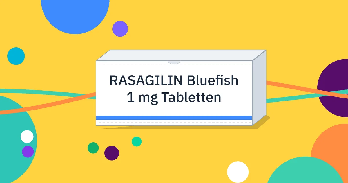 Symbolbild: Packung mit der Aufschrift RASAGILIN Bluefish 1 mg Tabletten (PZN 11599046) – Verfügbarkeit und Bezug in Apotheken in Frankfurt am Main