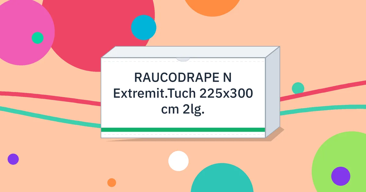 Symbolbild: Packung mit der Aufschrift RAUCODRAPE N Extremit.Tuch 225x300 cm 2lg. (PZN 06680504) – Verfügbarkeit und Bezug in Apotheken in Frankfurt am Main
