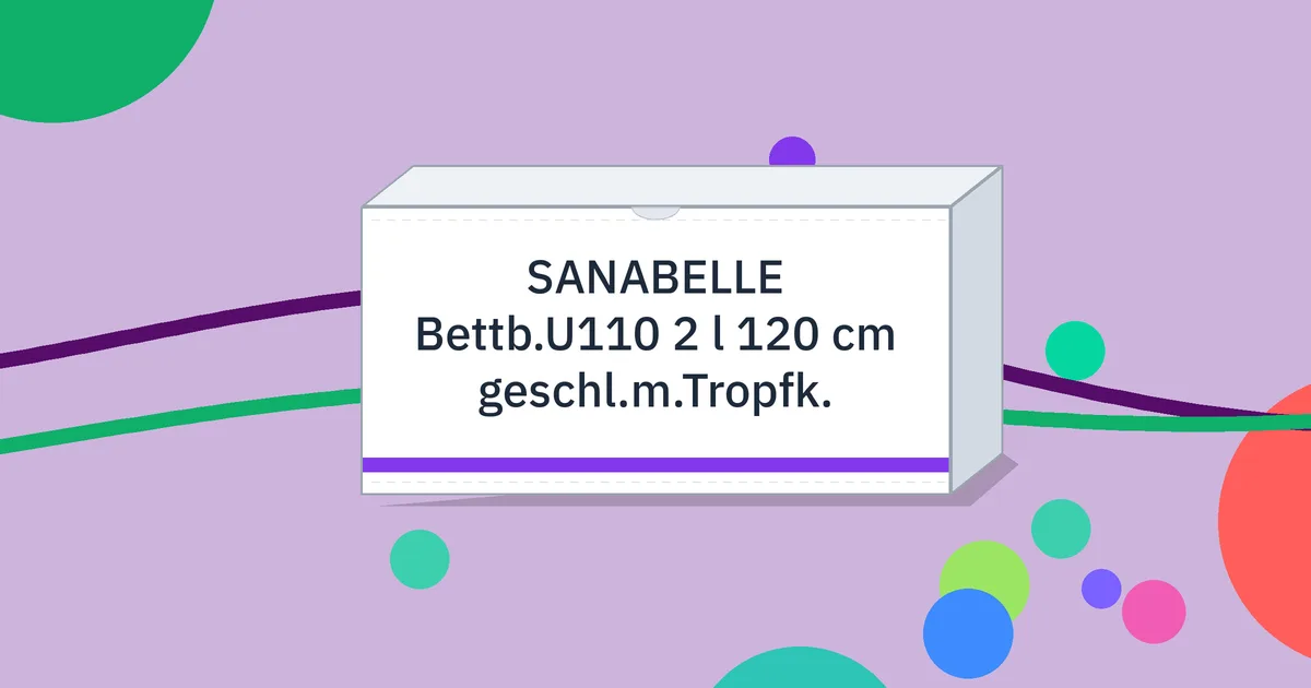 Symbolbild: Packung mit der Aufschrift SANABELLE Bettb.U110 2 l 120 cm geschl.m.Tropfk. (PZN 18496059) – Verfügbarkeit und Bezug in Apotheken in Frankfurt am Main
