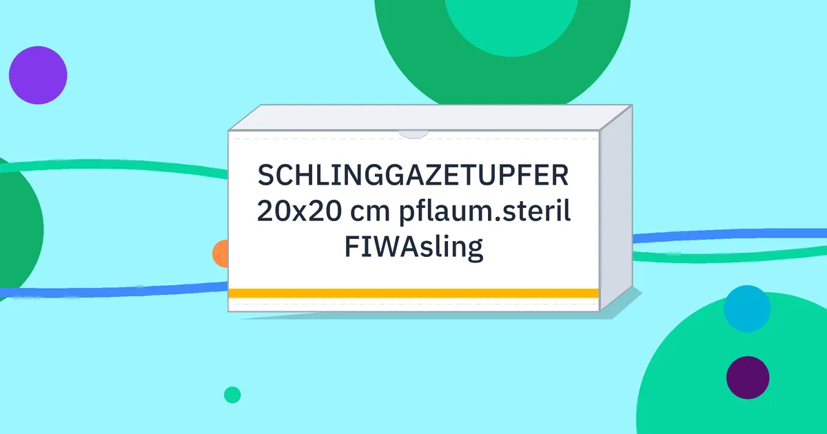 Symbolbild: Packung mit der Aufschrift SCHLINGGAZETUPFER 20x20 cm pflaum.steril FIWAsling (PZN 14130462) – Verfügbarkeit und Bezug in Apotheken in Frankfurt am Main