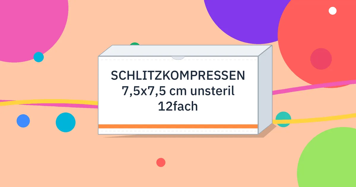 Symbolbild: Packung mit der Aufschrift SCHLITZKOMPRESSEN 7,5x7,5 cm unsteril 12fach (PZN 00120158) – Verfügbarkeit und Bezug in Apotheken in Frankfurt am Main
