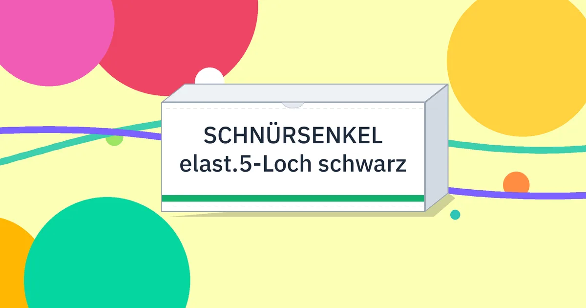 Symbolbild: Packung mit der Aufschrift SCHNÜRSENKEL elast.5-Loch schwarz (PZN 07497920) – Verfügbarkeit und Bezug in Apotheken in Frankfurt am Main