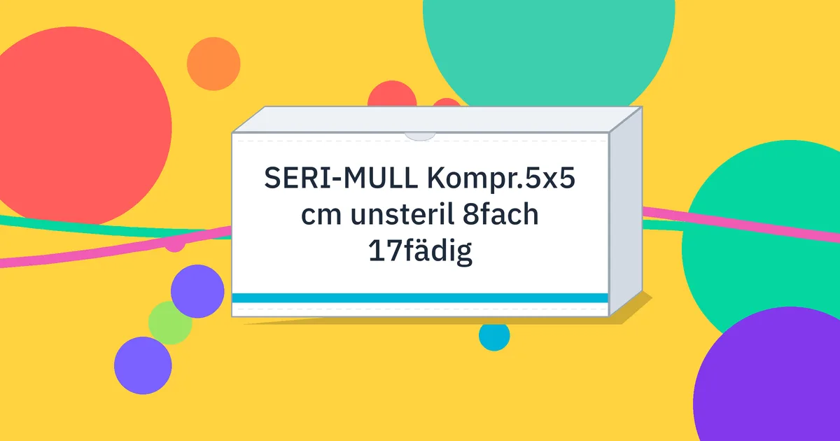 Symbolbild: Packung mit der Aufschrift SERI-MULL Kompr.5x5 cm unsteril 8fach 17fädig (PZN 14381773) – Verfügbarkeit und Bezug in Apotheken in Frankfurt am Main