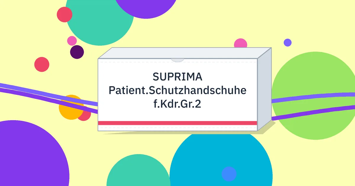 Symbolbild: Packung mit der Aufschrift SUPRIMA Patient.Schutzhandschuhe f.Kdr.Gr.2 (PZN 09204282) – Verfügbarkeit und Bezug in Apotheken in Frankfurt am Main