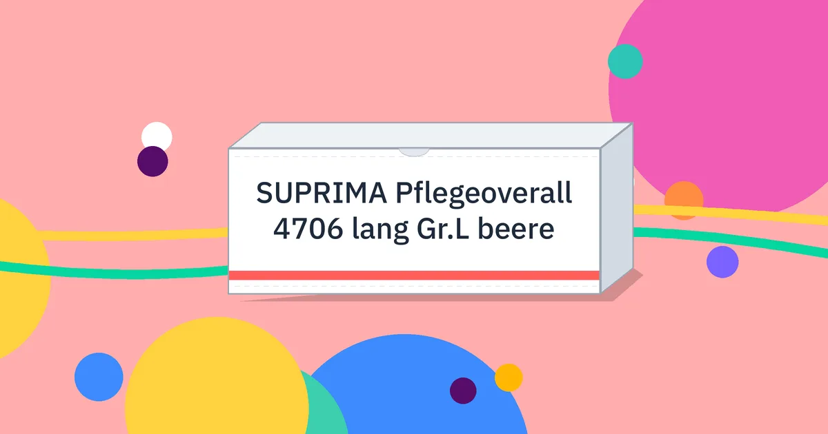 Symbolbild: Packung mit der Aufschrift SUPRIMA Pflegeoverall 4706 lang Gr.L beere (PZN 07331734) – Verfügbarkeit und Bezug in Apotheken in Frankfurt am Main