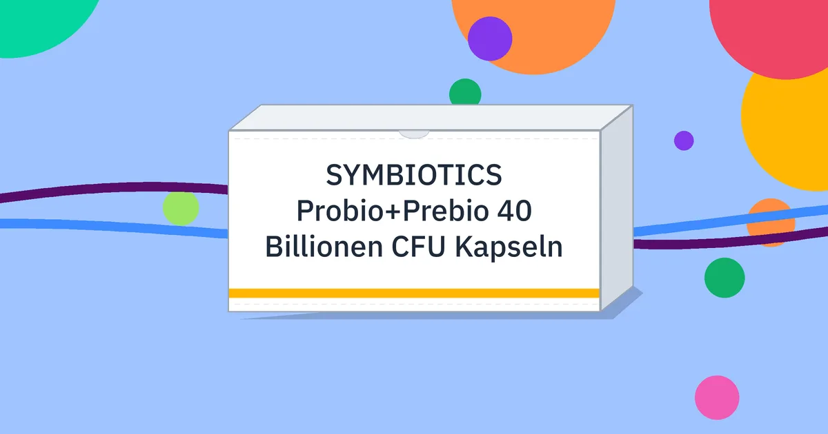 Symbolbild: Packung mit der Aufschrift SYMBIOTICS Probio+Prebio 40 Billionen CFU Kapseln (PZN 18432616) – Verfügbarkeit und Bezug in Apotheken in Frankfurt am Main