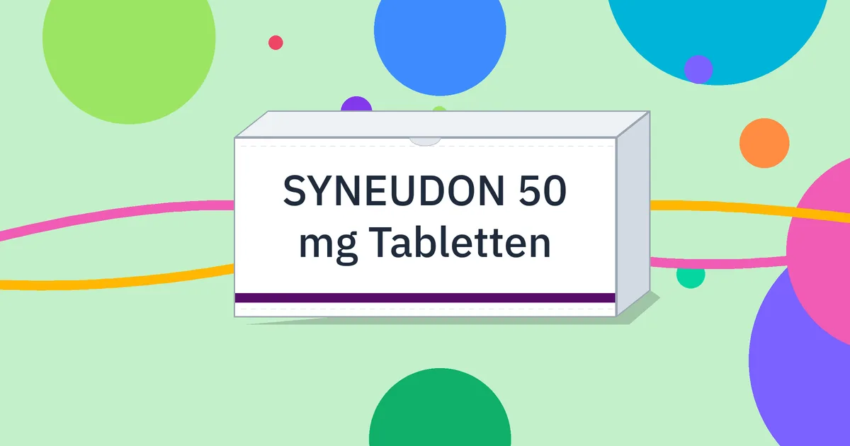 Symbolbild: Packung mit der Aufschrift SYNEUDON 50 mg Tabletten (PZN 06957176) – Verfügbarkeit und Bezug in Apotheken in Frankfurt am Main
