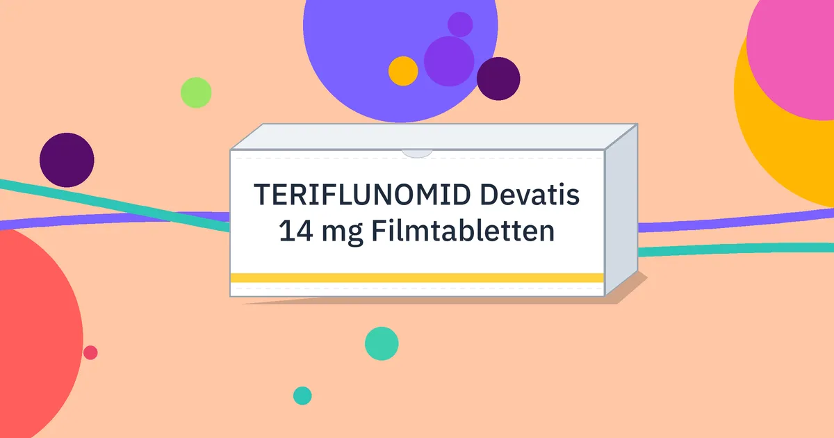 Symbolbild: Packung mit der Aufschrift TERIFLUNOMID Devatis 14 mg Filmtabletten (PZN 19263937) – Verfügbarkeit und Bezug in Apotheken in Frankfurt am Main