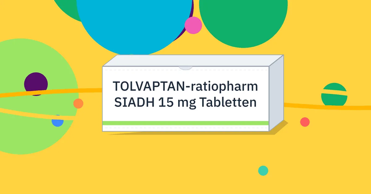 Symbolbild: Packung mit der Aufschrift TOLVAPTAN-ratiopharm SIADH 15 mg Tabletten (PZN 19761919) – Verfügbarkeit und Bezug in Apotheken in Frankfurt am Main