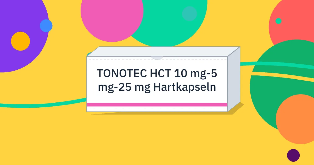 Symbolbild: Packung mit der Aufschrift TONOTEC HCT 10 mg-5 mg-25 mg Hartkapseln (PZN 14408992) – Verfügbarkeit und Bezug in Apotheken in Frankfurt am Main