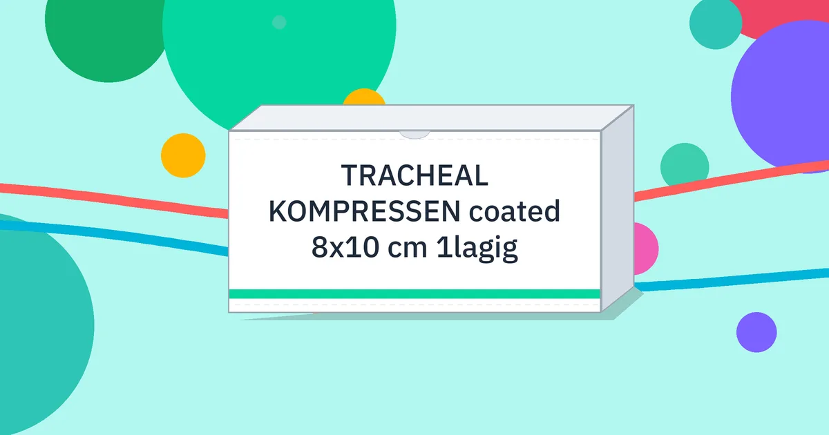 Symbolbild: Packung mit der Aufschrift TRACHEAL KOMPRESSEN coated 8x10 cm 1lagig (PZN 19387102) – Verfügbarkeit und Bezug in Apotheken in Frankfurt am Main