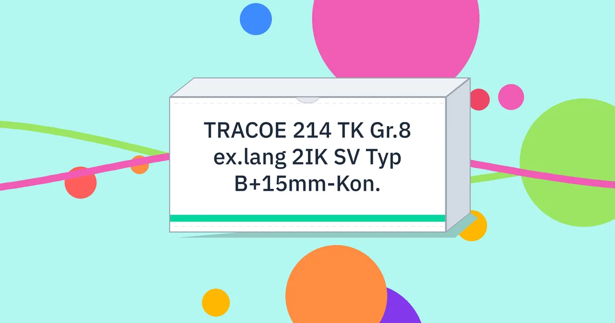 Symbolbild: Packung mit der Aufschrift TRACOE 214 TK Gr.8 ex.lang 2IK SV Typ B+15mm-Kon. (PZN 11643505) – Verfügbarkeit und Bezug in Apotheken in Frankfurt am Main
