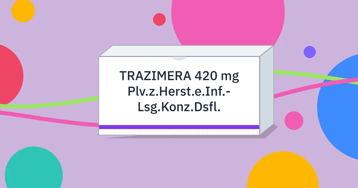 Symbolbild: Packung mit der Aufschrift TRAZIMERA 420 mg Plv.z.Herst.e.Inf.-Lsg.Konz.Dsfl. (PZN 15616540) – Verfügbarkeit und Bezug in Apotheken in Frankfurt am Main