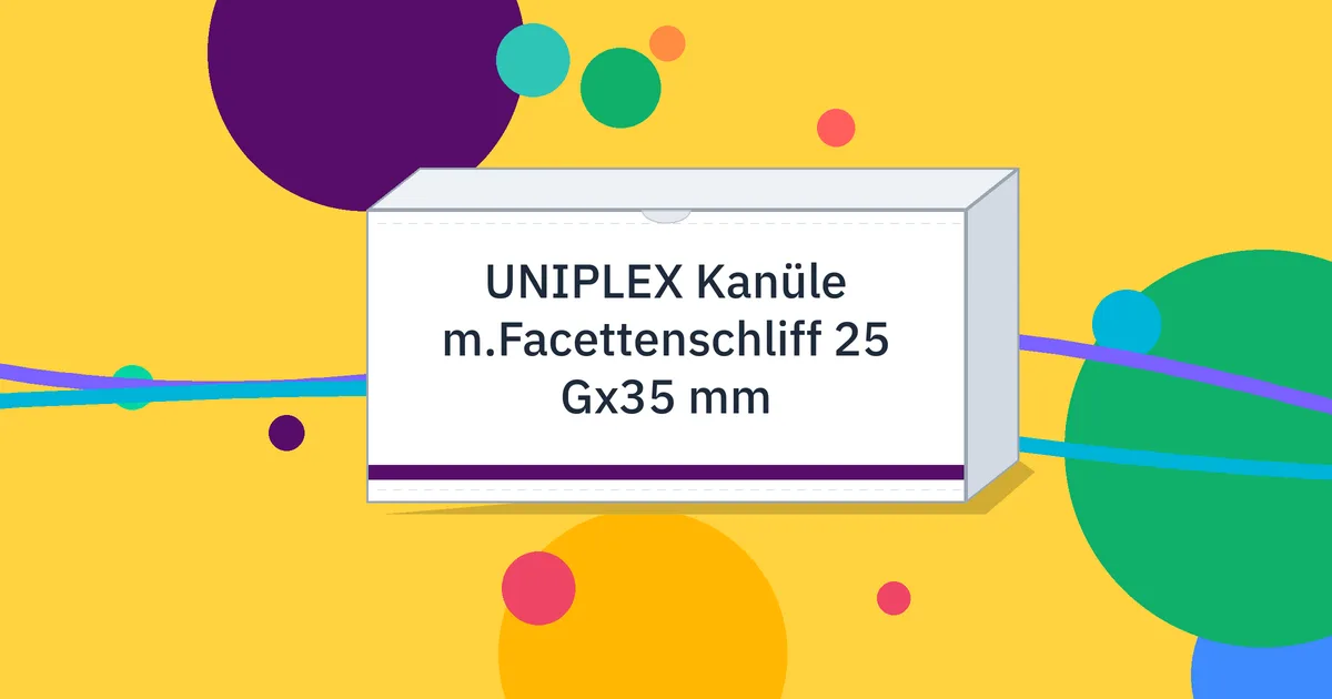 Symbolbild: Packung mit der Aufschrift UNIPLEX Kanüle m.Facettenschliff 25 Gx35 mm (PZN 03943995) – Verfügbarkeit und Bezug in Apotheken in Frankfurt am Main